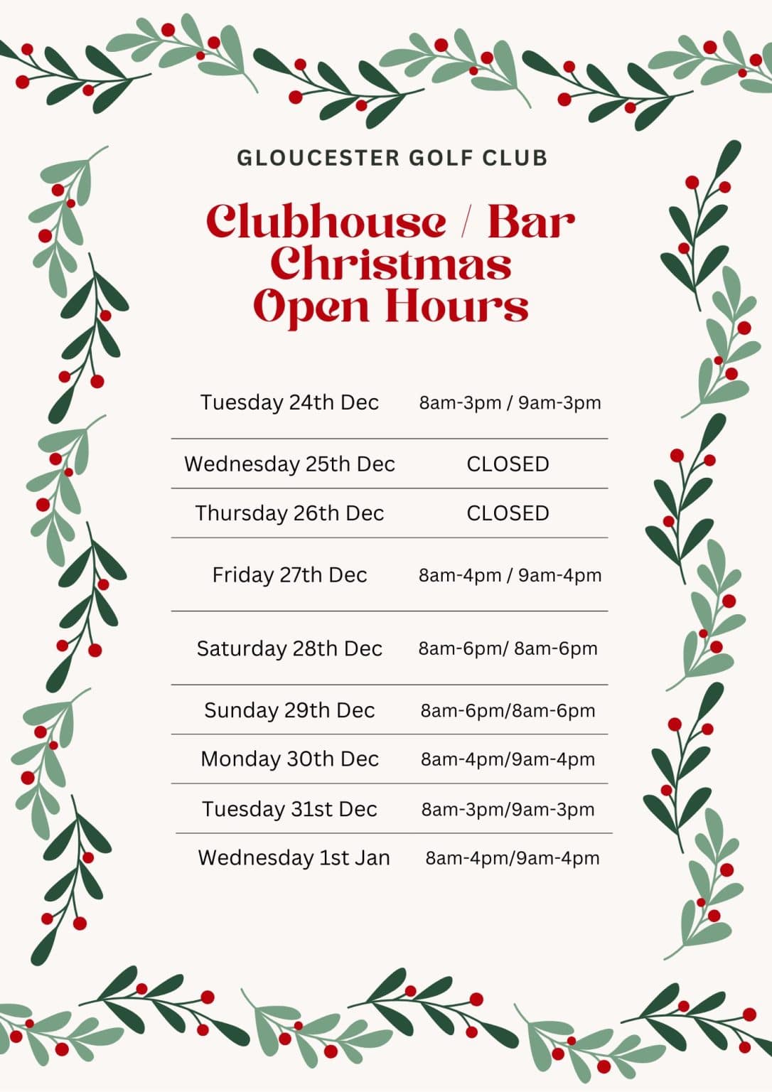 Clubhouse & Bar Christmas Opening Hours - Gloucester Golf Club